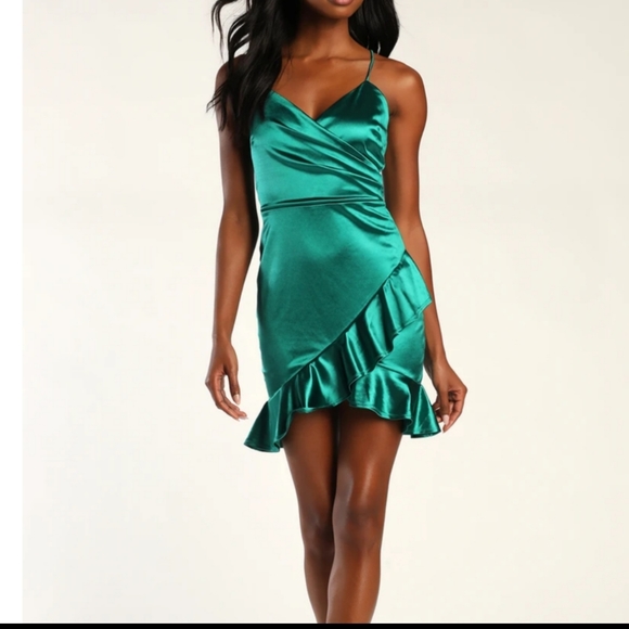 Lulus | Dresses | Lulus Romantic Nights Green Satin Ruffled Bodycon ...